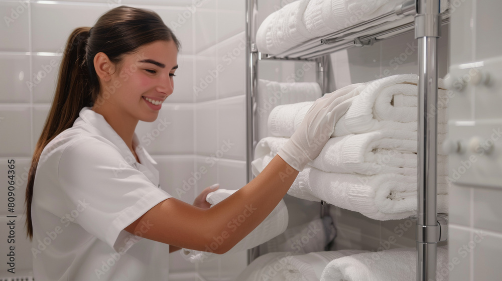 Smiling young female housekeeping staff wearing gloves organizing fresh ...