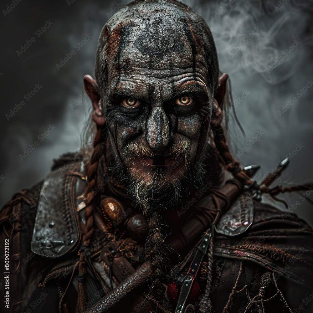 Portrait of a warrior with a frightening smile in an aura of strength ...