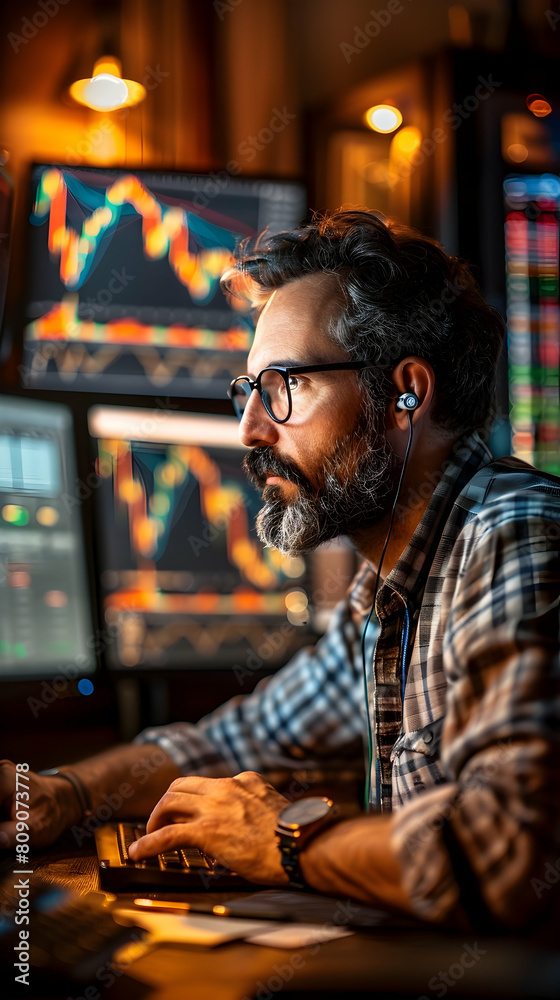 Stock Trader Analyzing Charts on Multiple Monitors for Real Time Buying ...