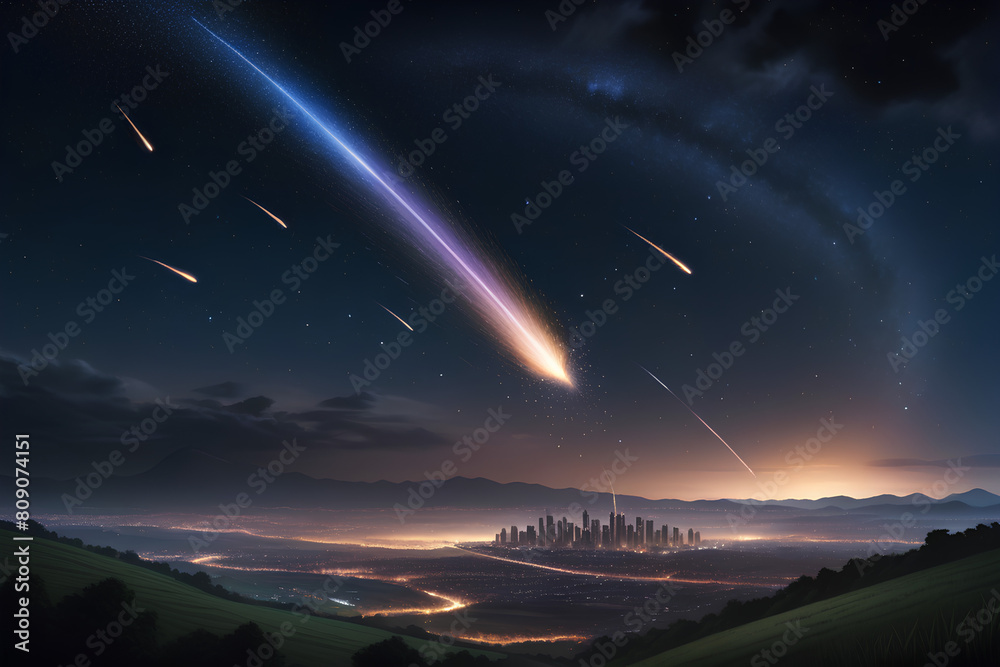 Beautiful Meteor shower in the dark sky at night background, Shiny of ...