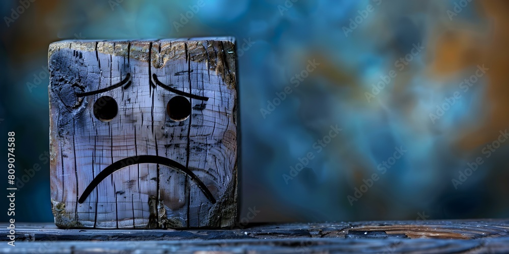 Choose wooden block with sad face symbolizing low energy and depression ...