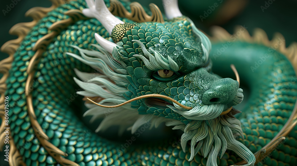 Majestic green wood dragon with intricate scales and whiskers ...