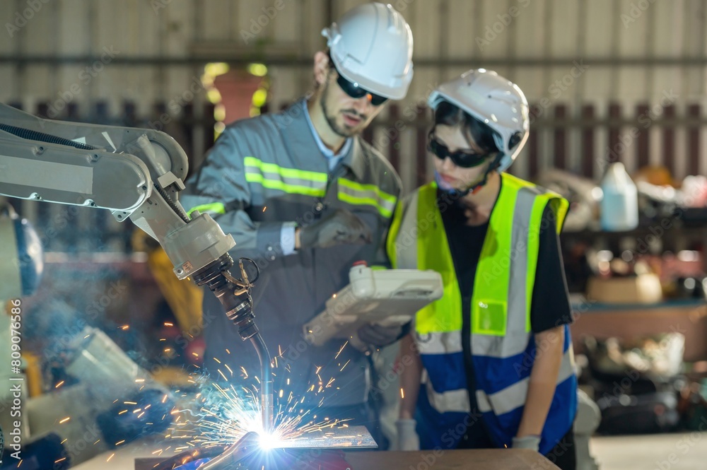 Engineer control robot arm machine welding steel, worker using forcing ...