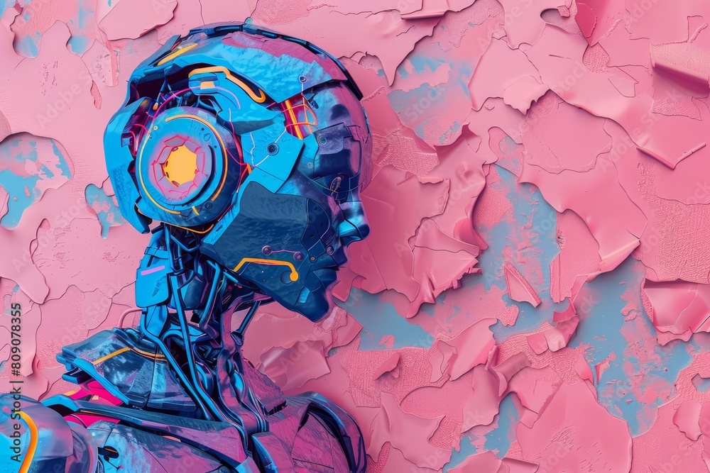 Trendy art paper collage design of a futuristic robot, depicted in ...