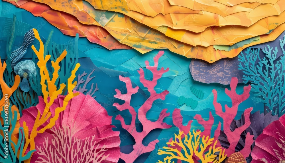 Trendy art paper collage design of a vibrant coral reef, depicted in ...