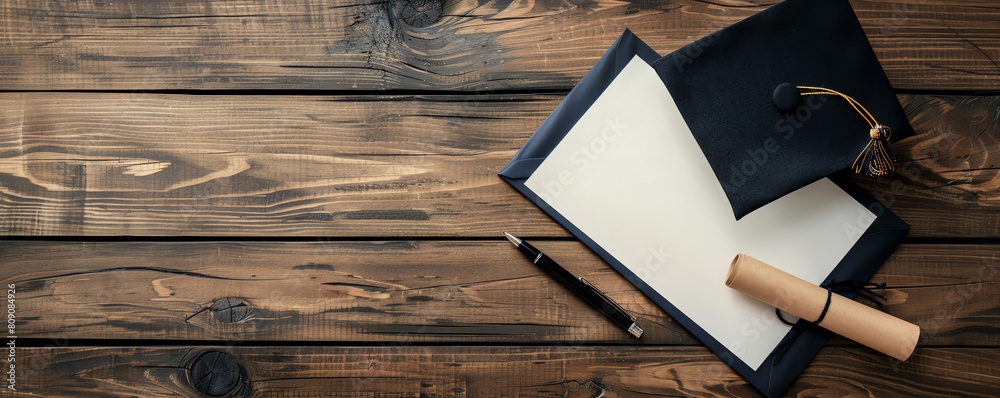 Blank mock up of a graduation certificate on a classic wooden desk ...