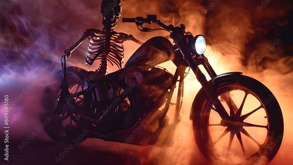 Motorcycle skeleton silhouette against dark smoky background in dimly ...