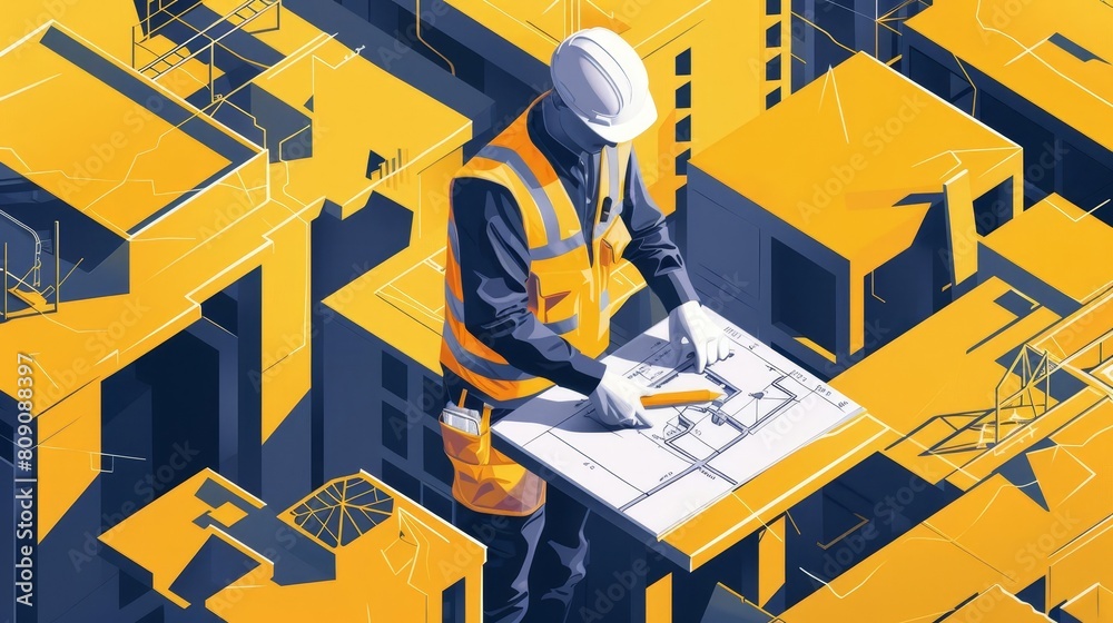Illustrate a scene where a quantity surveyor is examining a project ...