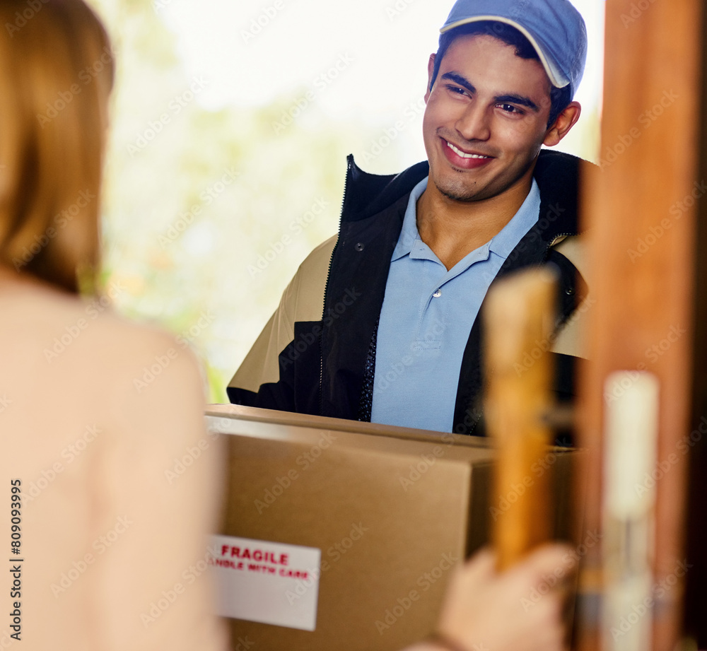 Man, courier and package for delivery by home of online shopping ...