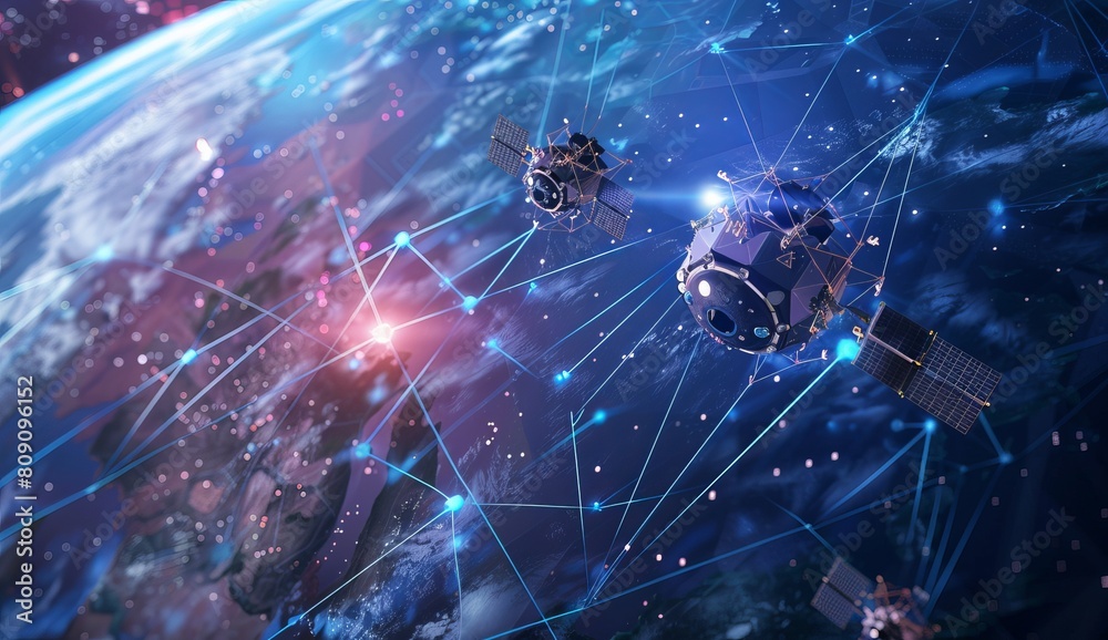 Advanced satellites orbiting in space over a highly detailed, brightly ...