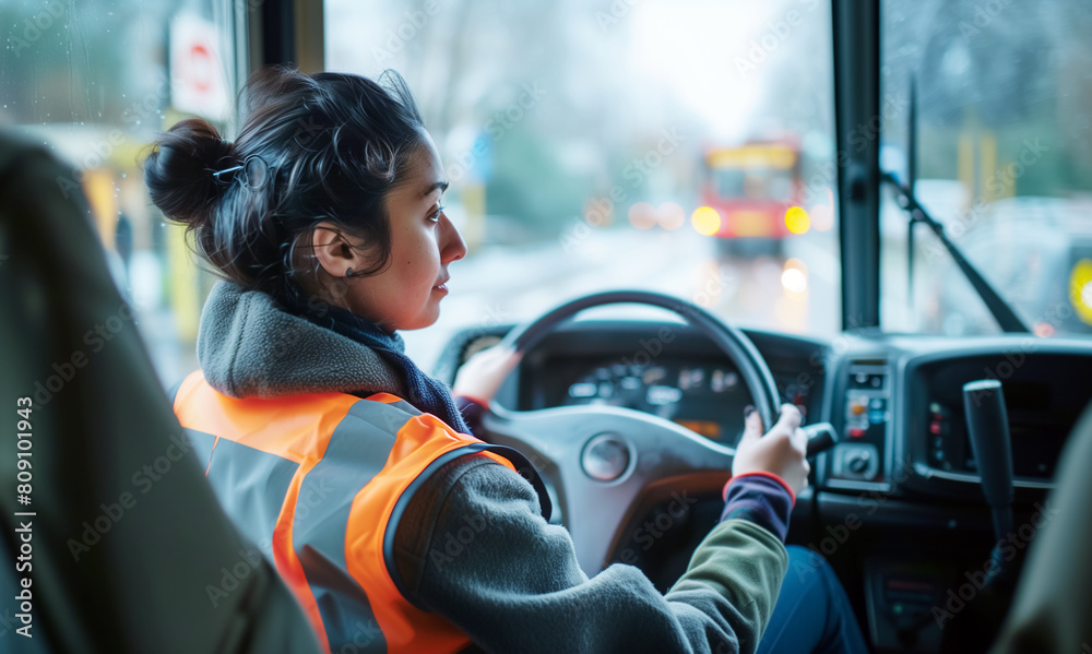 confident female RHD bus driver behind wheel of bus, exuding ...