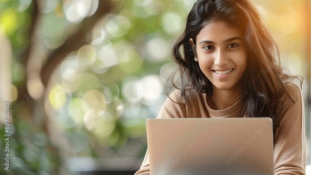 Smiling Indian teenage girl studying online using a laptop. Concept ...