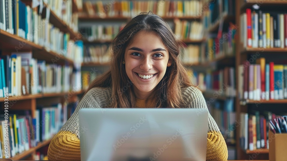 Happy girl student studying in library with laptop, concept of study ...