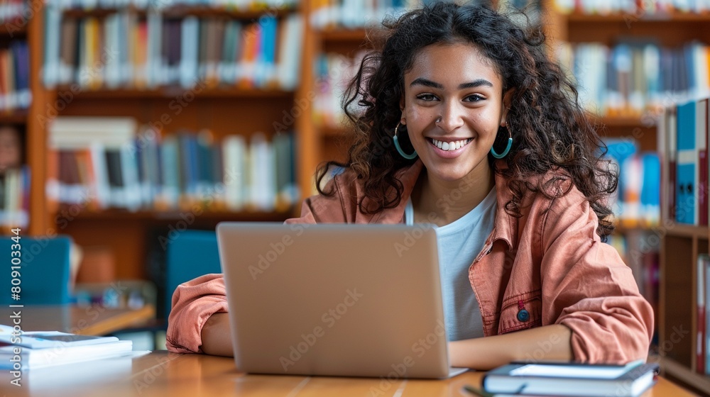 Happy girl student studying in library with laptop, concept of study ...