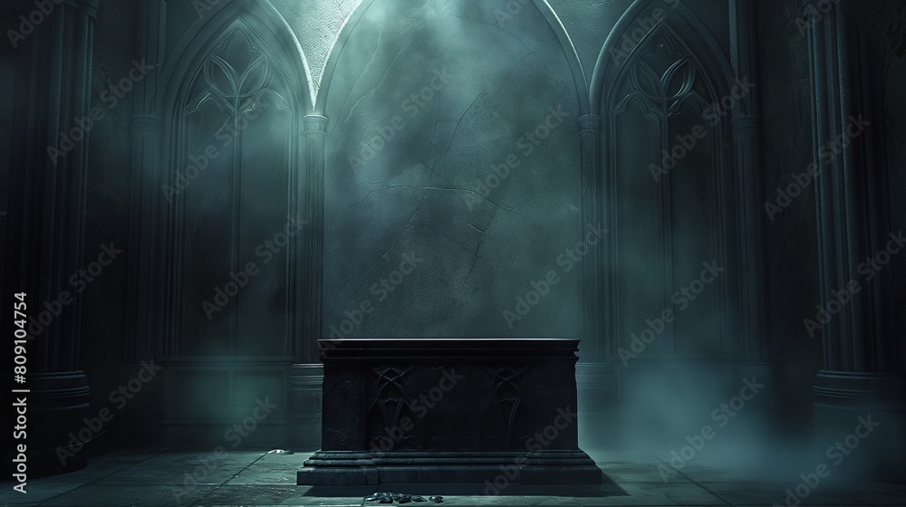 Dark spooky empty display podium in empty gothic room, scary vintage ...
