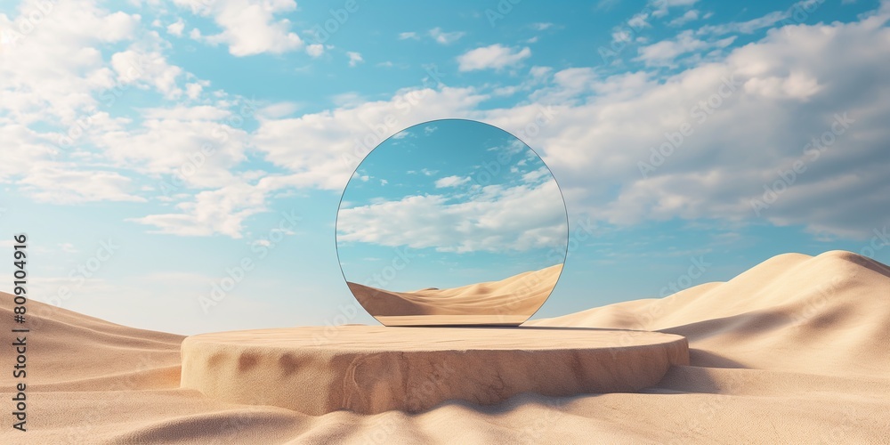 Surreal sand product display podium against sky with round mirror ...