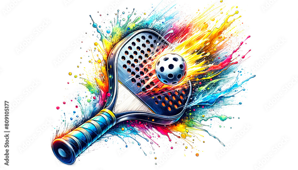 Colorful abstract watercolor of a pickleball paddle (racket) and ball ...