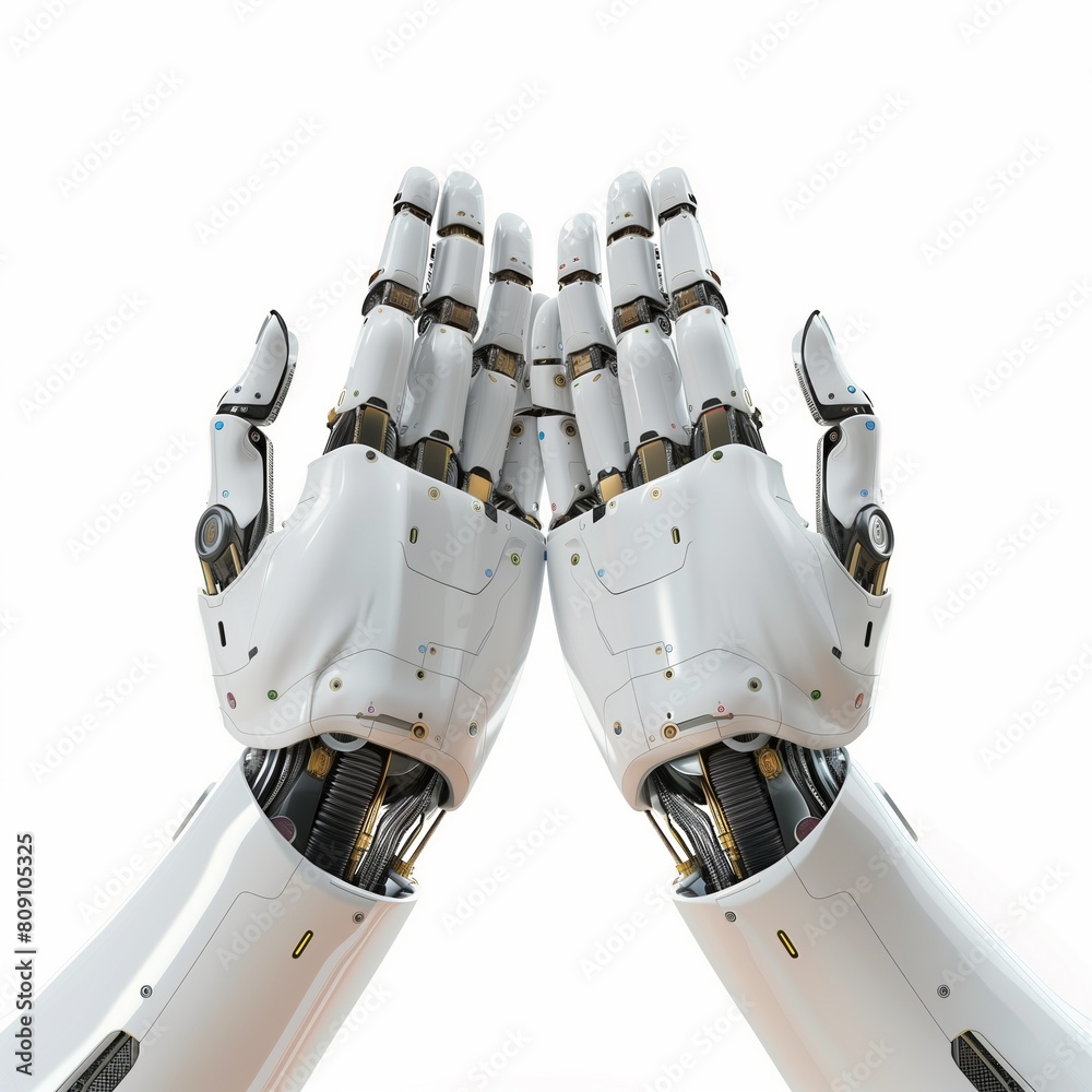 Praying robot hands isolated on white background, concept of religious ...