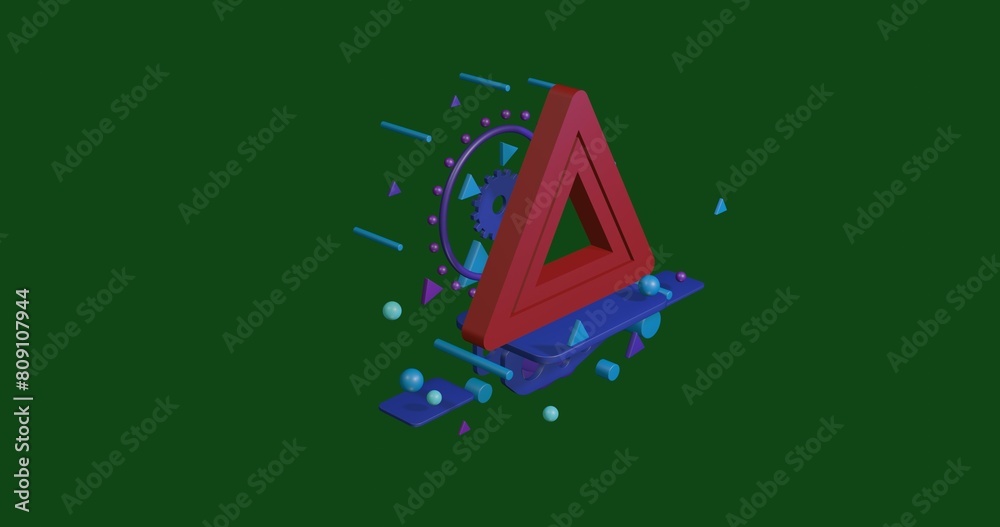 Red emergency stop sign on a pedestal of abstract geometric shapes ...