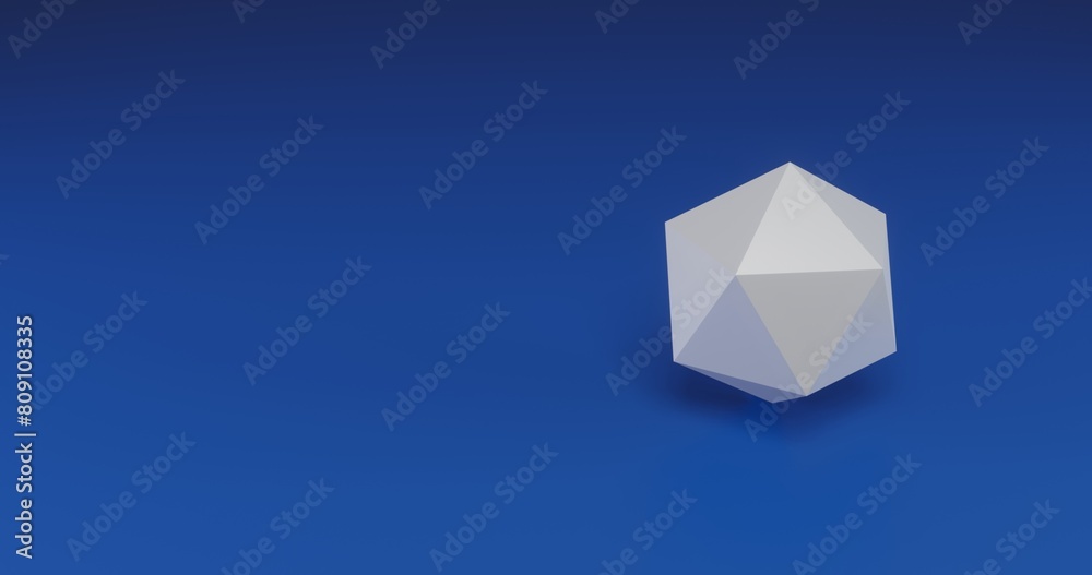 Isolated realistic white Icosahedron with shadow. Located on the right ...