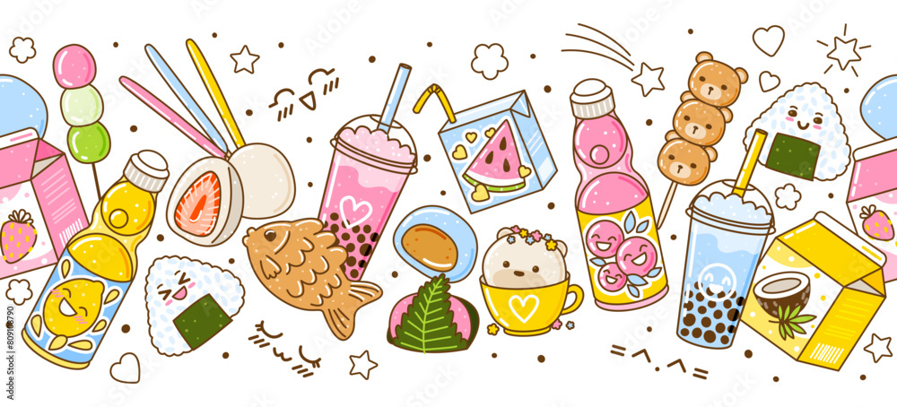 Seamless horizontal border with cute asian food elements - cartoon ...