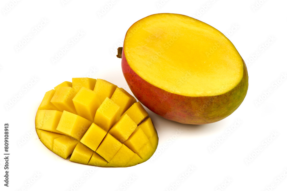Mango with slice, tropical fruit, isolated on white background. High ...