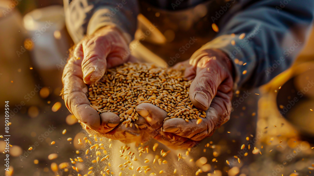Ancient grains being harvested in a traditional farm setting, focus on ...