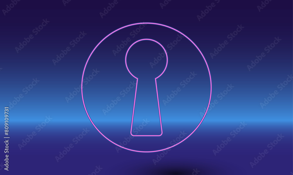 Neon keyhole symbol on a gradient blue background. The isolated symbol ...
