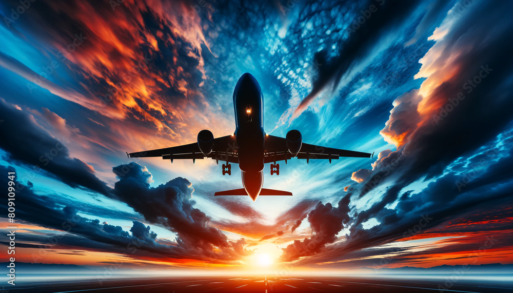 Dramatic airplane takeoff scene, with a large airplane seen from below ...
