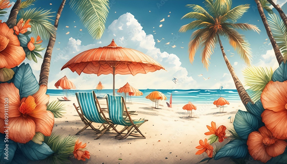 depicting a vibrant summer holiday scene against a serene sky blue ...