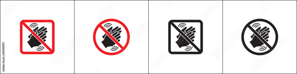 Forbidden hand clapping icons. No applaud signs. Keep silent, quiet ...