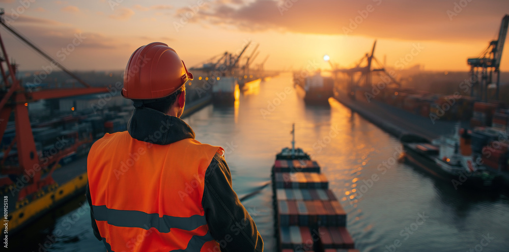 Man in a safety vest and helmet observing cargo ships docked at the ...