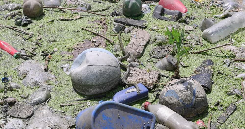 Polluted river with plastic bottles, garbage and various waste floating ...