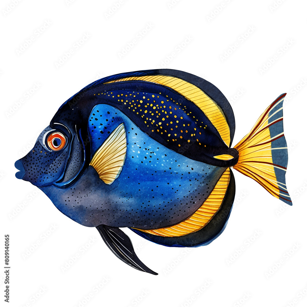 Tropical fish watercolor painting isolated on white background. A blue ...