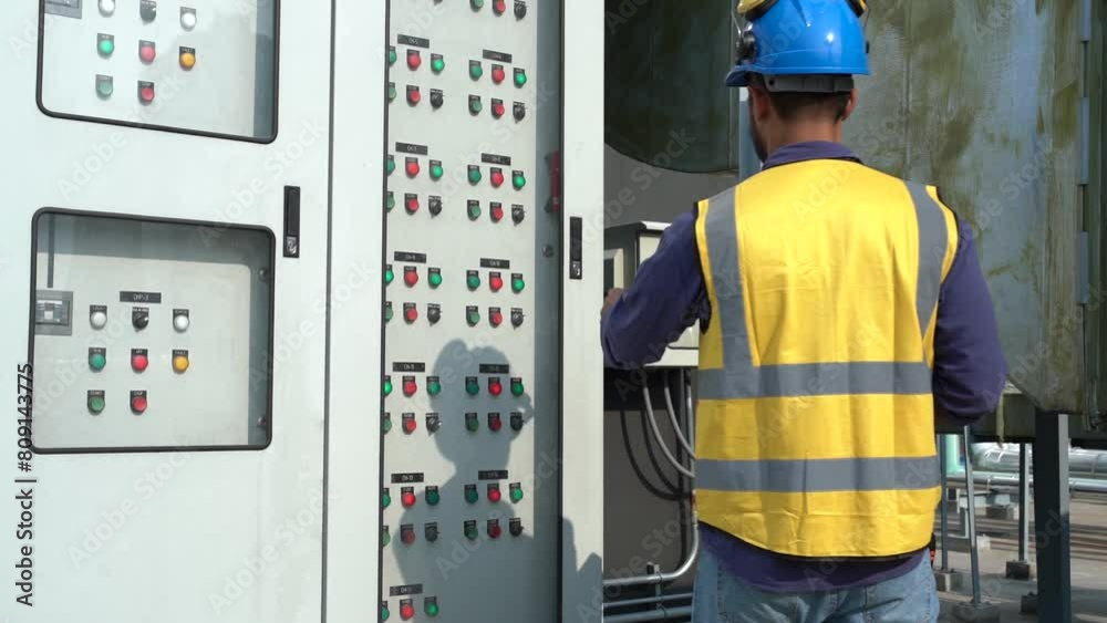 Asian male engineer wearing a reflective jacket, hard hat, walking work ...