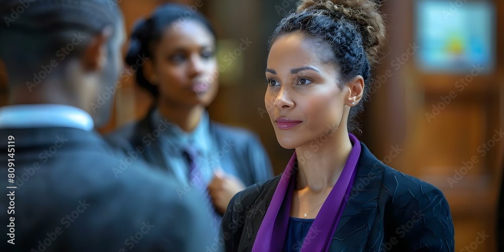 Female public defender questions male witness in court with diverse legal team. Concept Law and ...