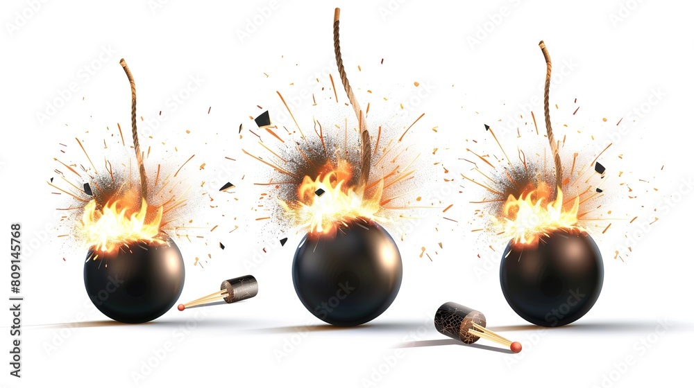 Impending explosion: three black spherical bombs with burning fuses on ...