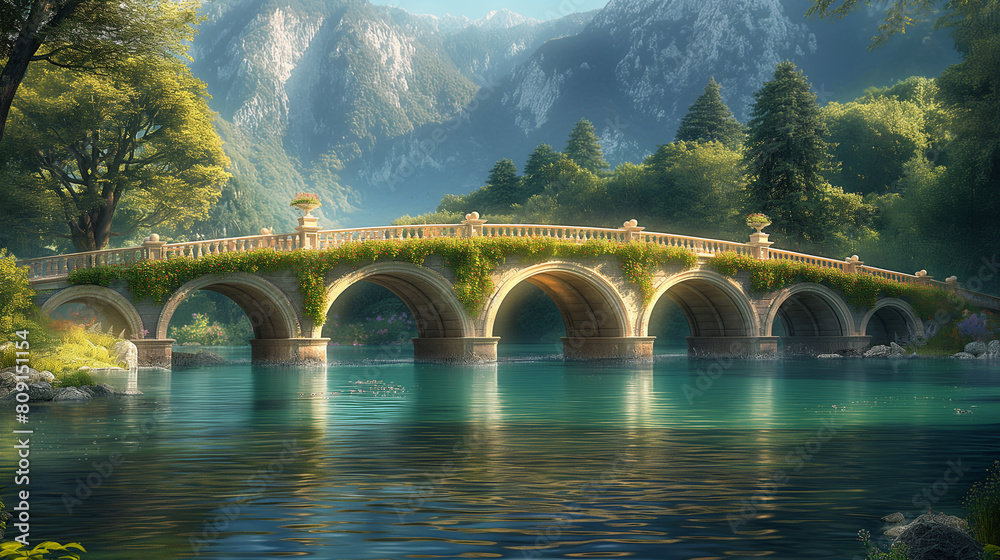 An artistic representation of a classical Palladian bridge, with ...