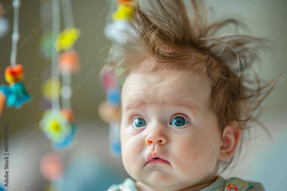 A baby with a tuft of hair sticking up in a messy room, A baby with a ...