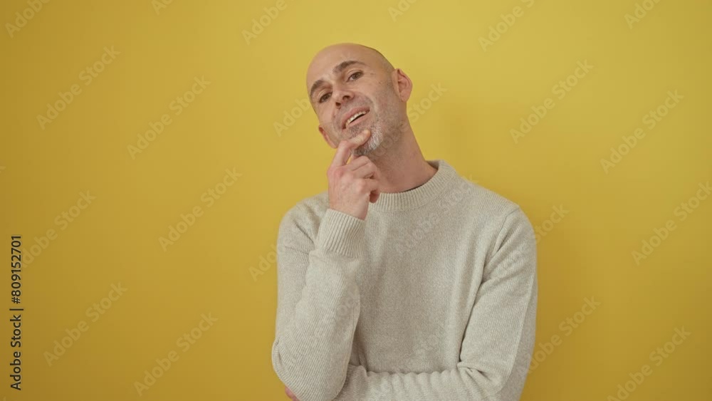 Smiling, confident bald man, posing with crossed arms and hand on chin ...