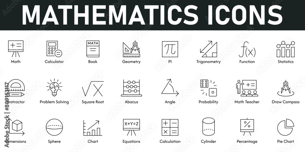 Mathematics Icons vector illustration with thin line editable stroke ...