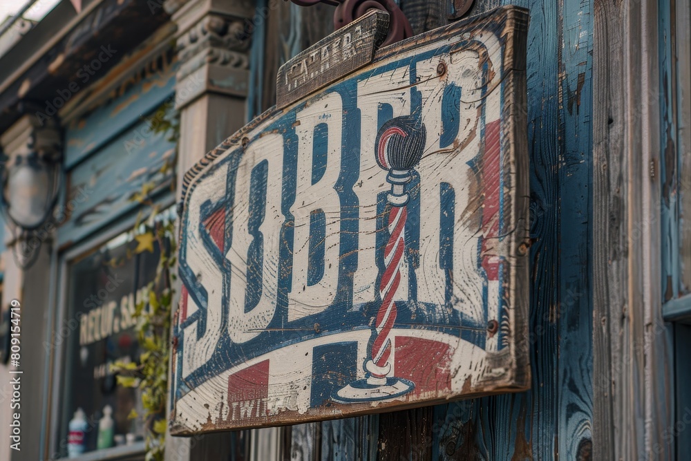 A barber shop sign with a swirling barber pole is prominently displayed ...