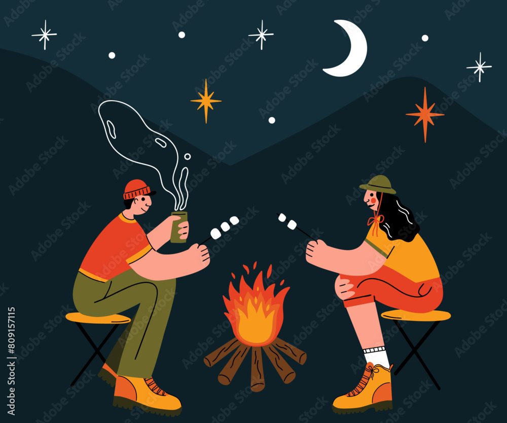 Female and male cartoon characters sitting around a bonfire. Men and ...