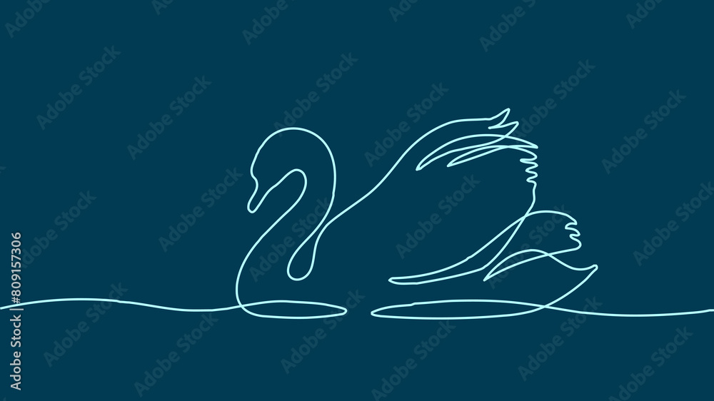 One continuous line swan bird on water surface in line art drawing ...