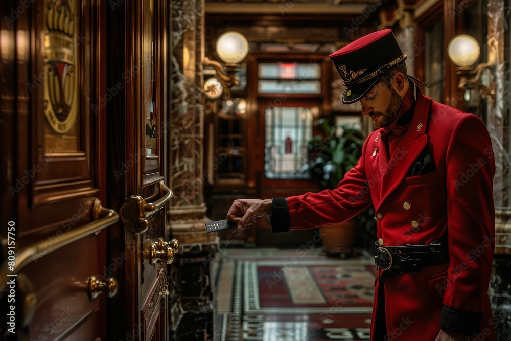 A bellhop in a red coat is opening a door, adjusting a guests room key ...