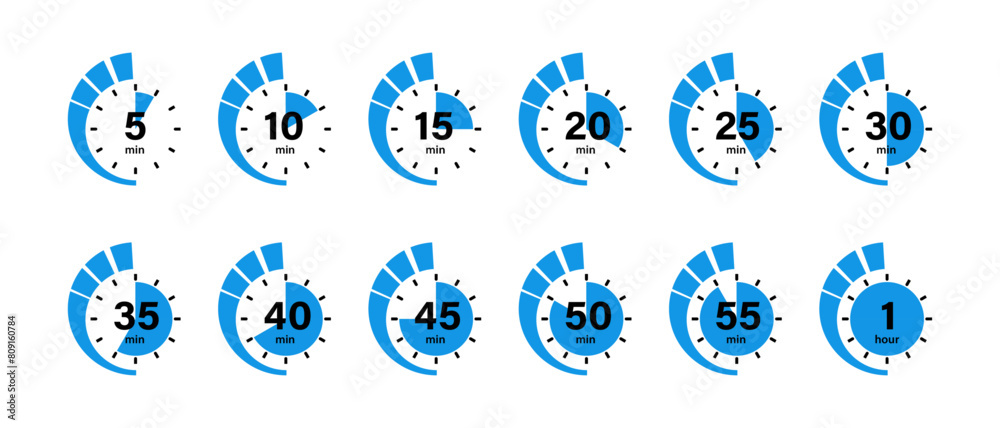 Timer, clock, stopwatch set icons with different time. Countdown timer symbol icon set. Sport ...