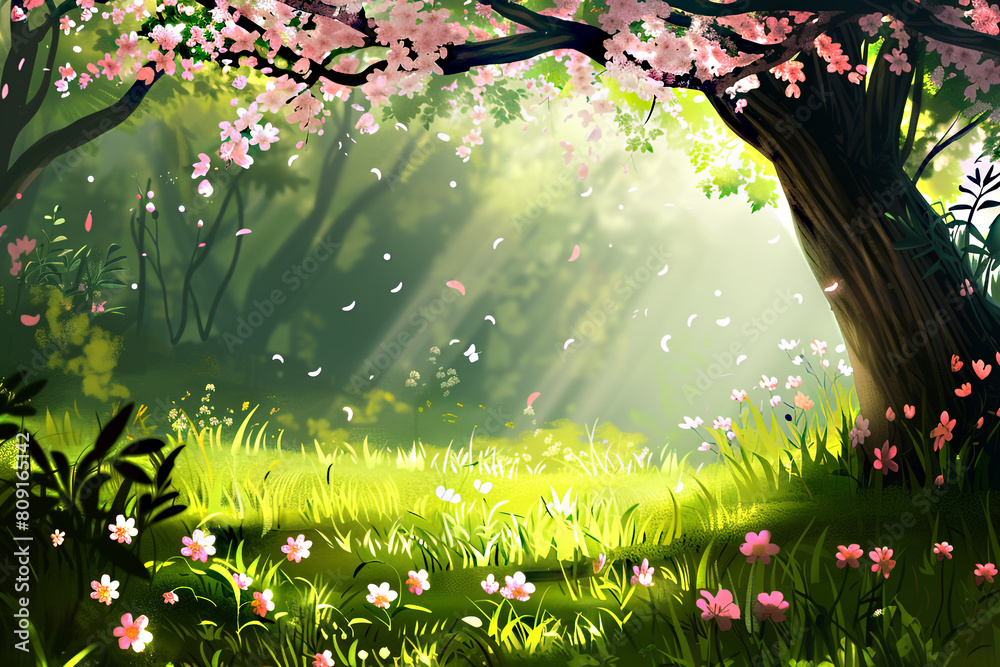 Spring background with cherry blossom trees, grass and flowers. Vector ...