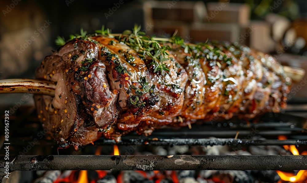 A leg of lamb covered in herbs hangs roasting over hot coals in a ...