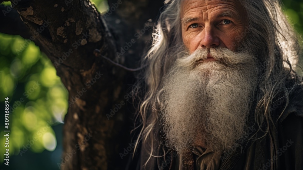 Wise old man with long beard in nature Stock Illustration | Adobe Stock