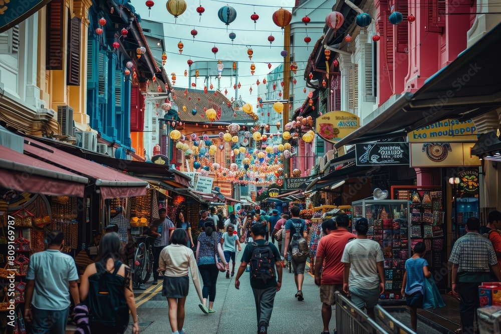 Crowd of people strolling down a busy city street lined with shops, A ...